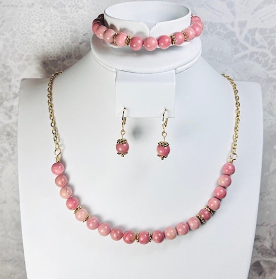 Women's Wood Rhodonite Necklace, Earrings, and Bracelet Trio Set ...