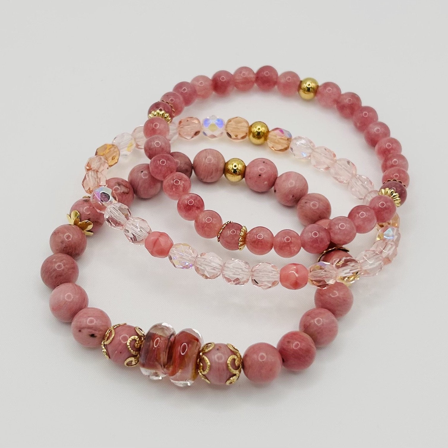 Rhodonite, Jade, & Czech Glass Stretch Trio | Cynthia Burge Jewelry Designs